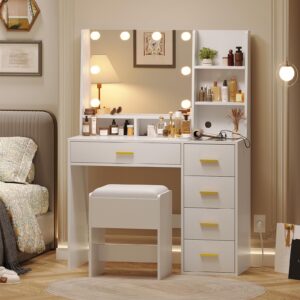 viagdo makeup vanity set with mirror and lights, vanity desk with charging station & cushioned stool, white bedroom vanity table with drawers, jewelry box, open storage shelves