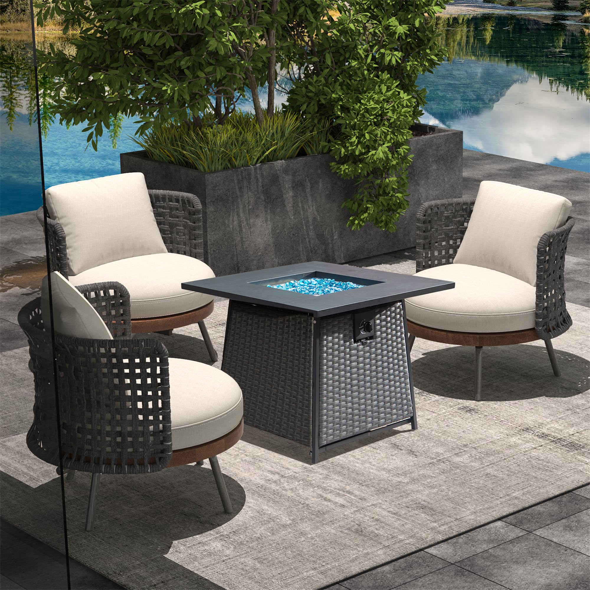 28 Inch Propane Fire Pits Table with Blue Glass Ball,50,000 BTU Outdoor Wicker Fire Table with ETL-Certified,2-in-1 Square Steel Gas Firepits (Dark Gray)