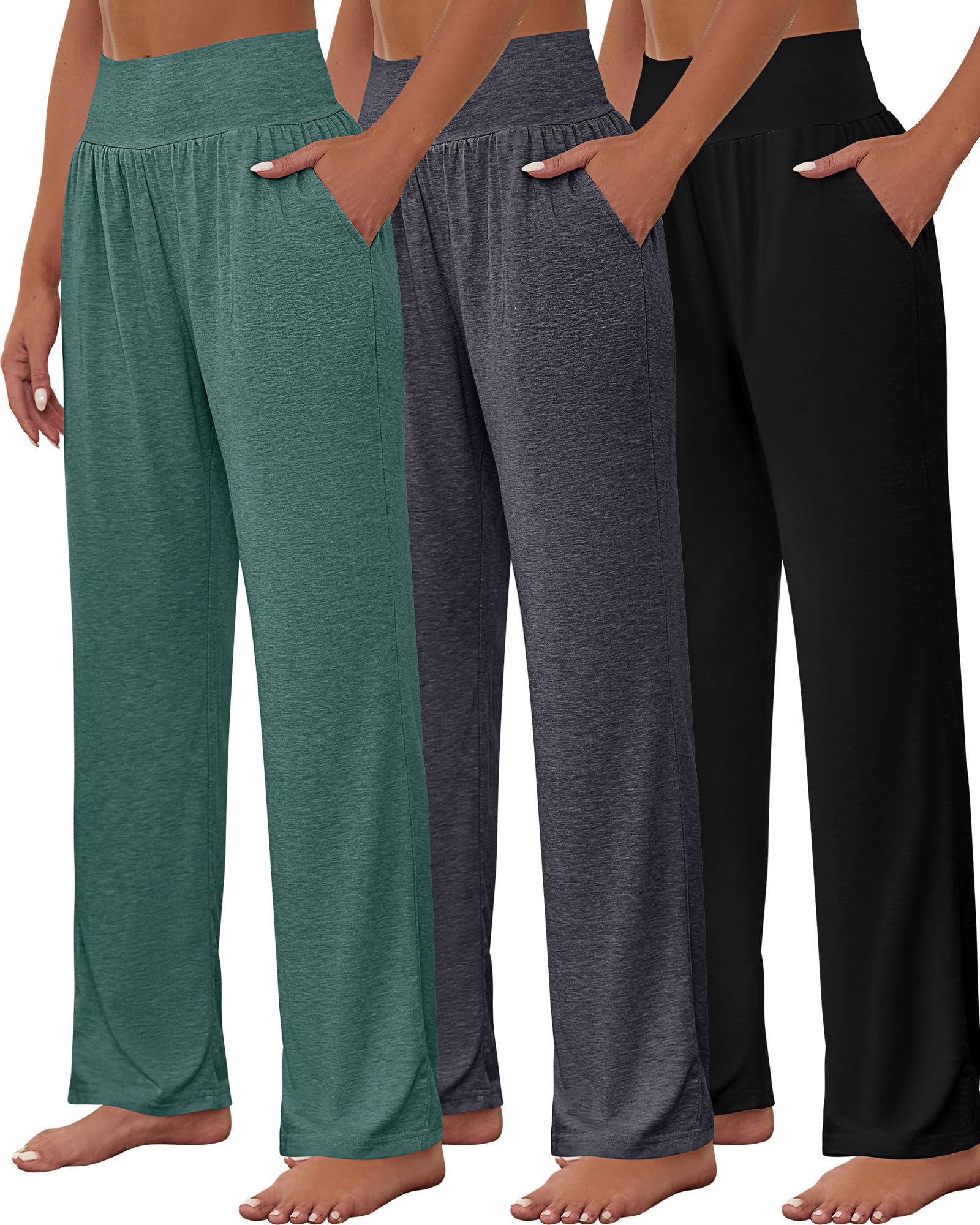 Neer 3 Pcs Women's Wide Leg Yoga Pant Comfy Loose Sweatpants High Waist Lounge Casual Athletic Pant Workout Joggers Pant (Black, Grey, Pine Green,X-Large)