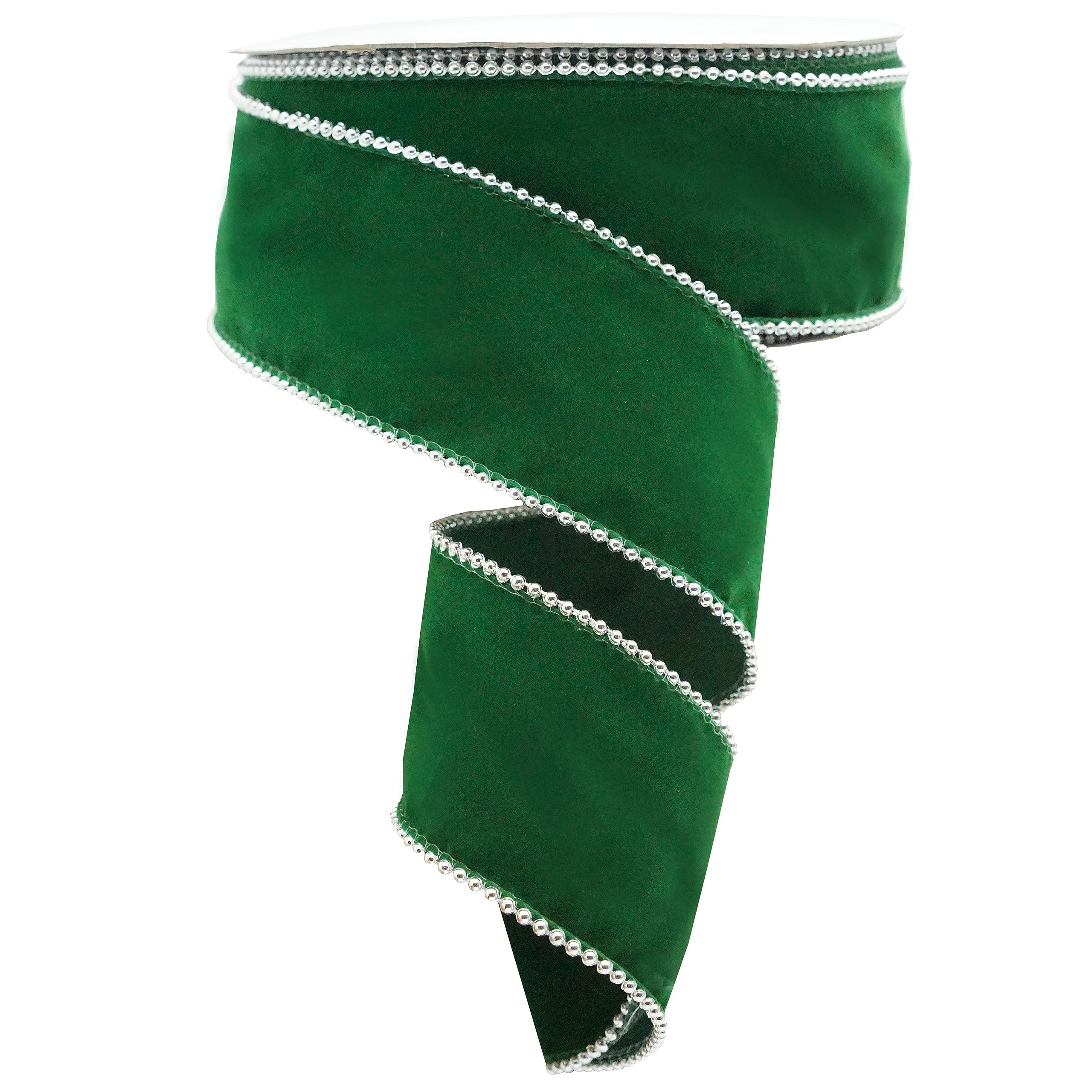 20 Yards Green Velvet Wired Ribbon with Silver Beads Edge, Christmas Wire Edge Ribbon, 2-1/2 Inch (Green)