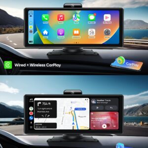 10.26'' Wireless Carplay and Android Auto, Portable Car Stereo with 4K Dash Cam, 1080P Backup Camera, Drivemate Carplay Screen with Bluetooth/Navigation/MirrorLink