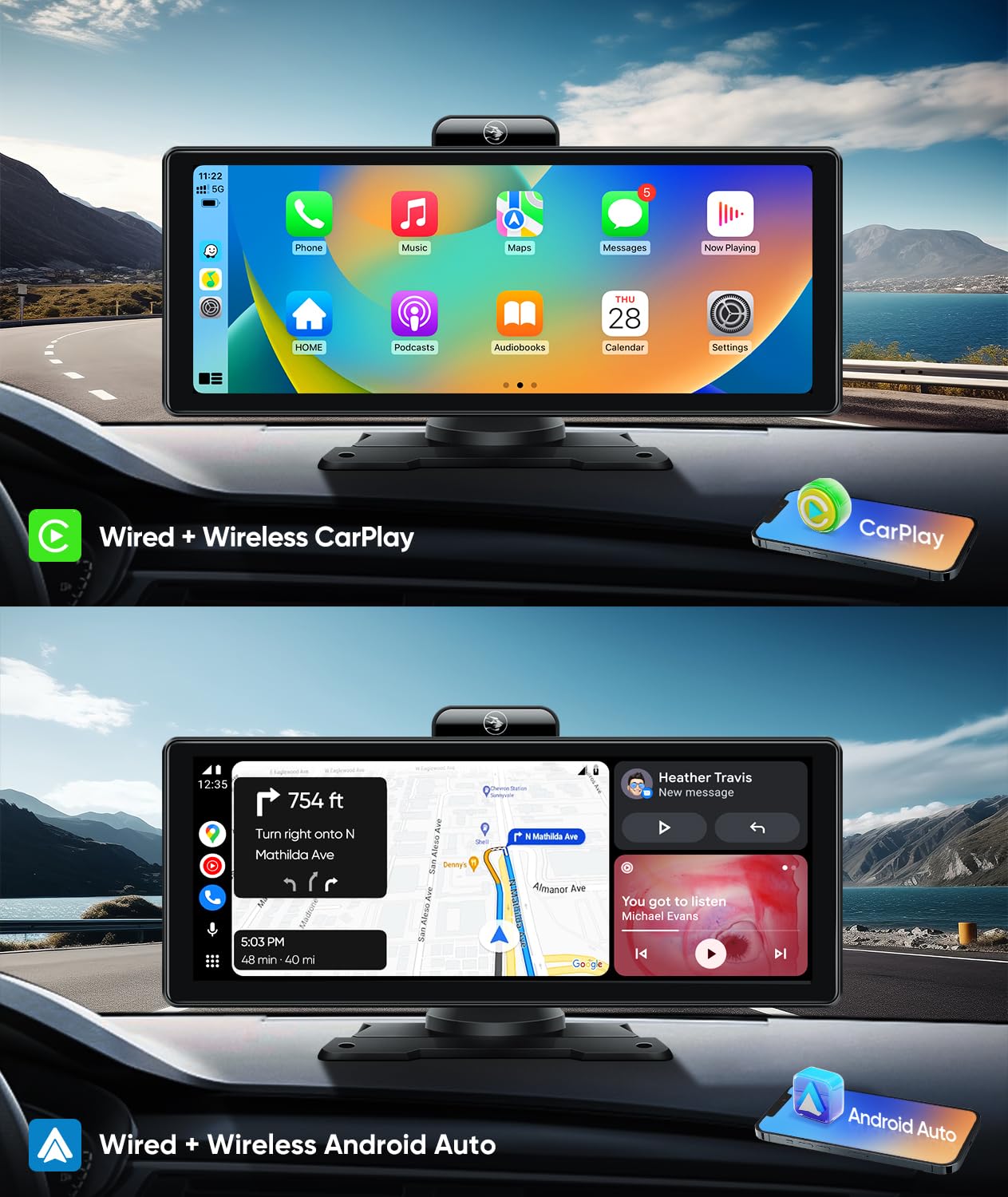 10.26'' Wireless Carplay and Android Auto, Portable Car Stereo with 4K Dash Cam, 1080P Backup Camera, Drivemate Carplay Screen with Bluetooth/Navigation/MirrorLink