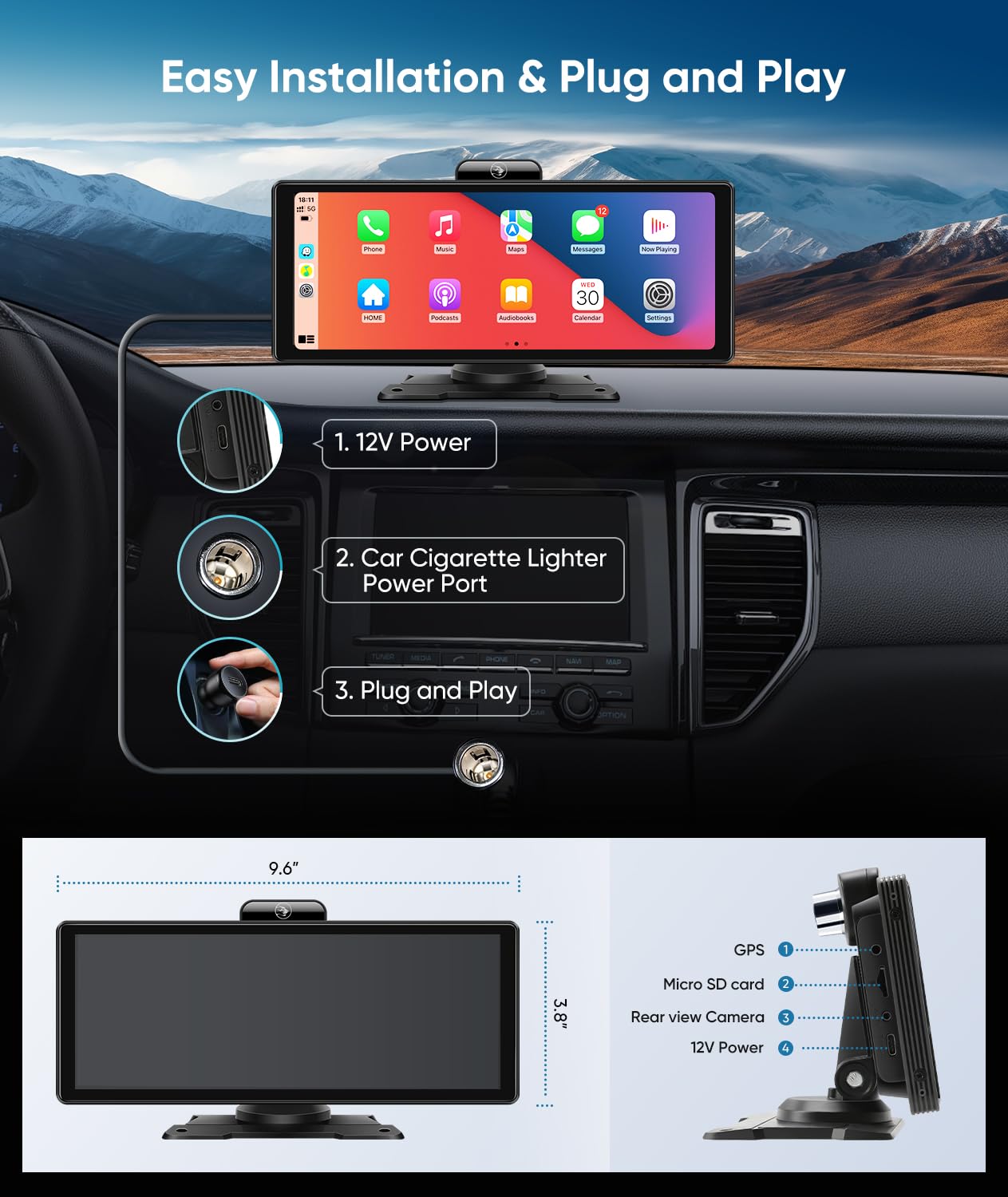 10.26'' Wireless Carplay and Android Auto, Portable Car Stereo with 4K Dash Cam, 1080P Backup Camera, Drivemate Carplay Screen with Bluetooth/Navigation/MirrorLink