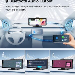 10.26'' Wireless Carplay and Android Auto, Portable Car Stereo with 4K Dash Cam, 1080P Backup Camera, Drivemate Carplay Screen with Bluetooth/Navigation/MirrorLink