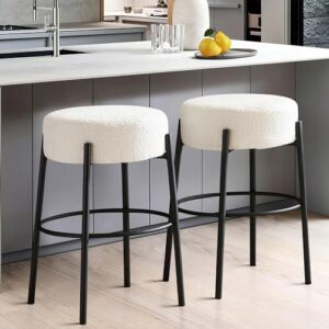 dolonm 30 inch round bar stools set of 2, teddy fabric upholstered, bouclé and sherpa chairs, backless kitchen island stools, metal frame bar chairs, beige with black legs (set of 2)