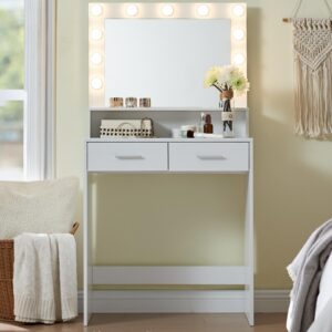 mirrotowel vanity desk with mirror and lights, dressing table with large drawer, 2 level storage dresser & 3 lighting modes adjustable brightness, suitable for bedroom