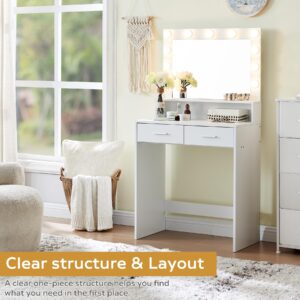 MIRROTOWEL Vanity Desk with Mirror and Lights, Dressing Table with Large Drawer, 2 Level Storage Dresser & 3 Lighting Modes Adjustable Brightness, Suitable for Bedroom