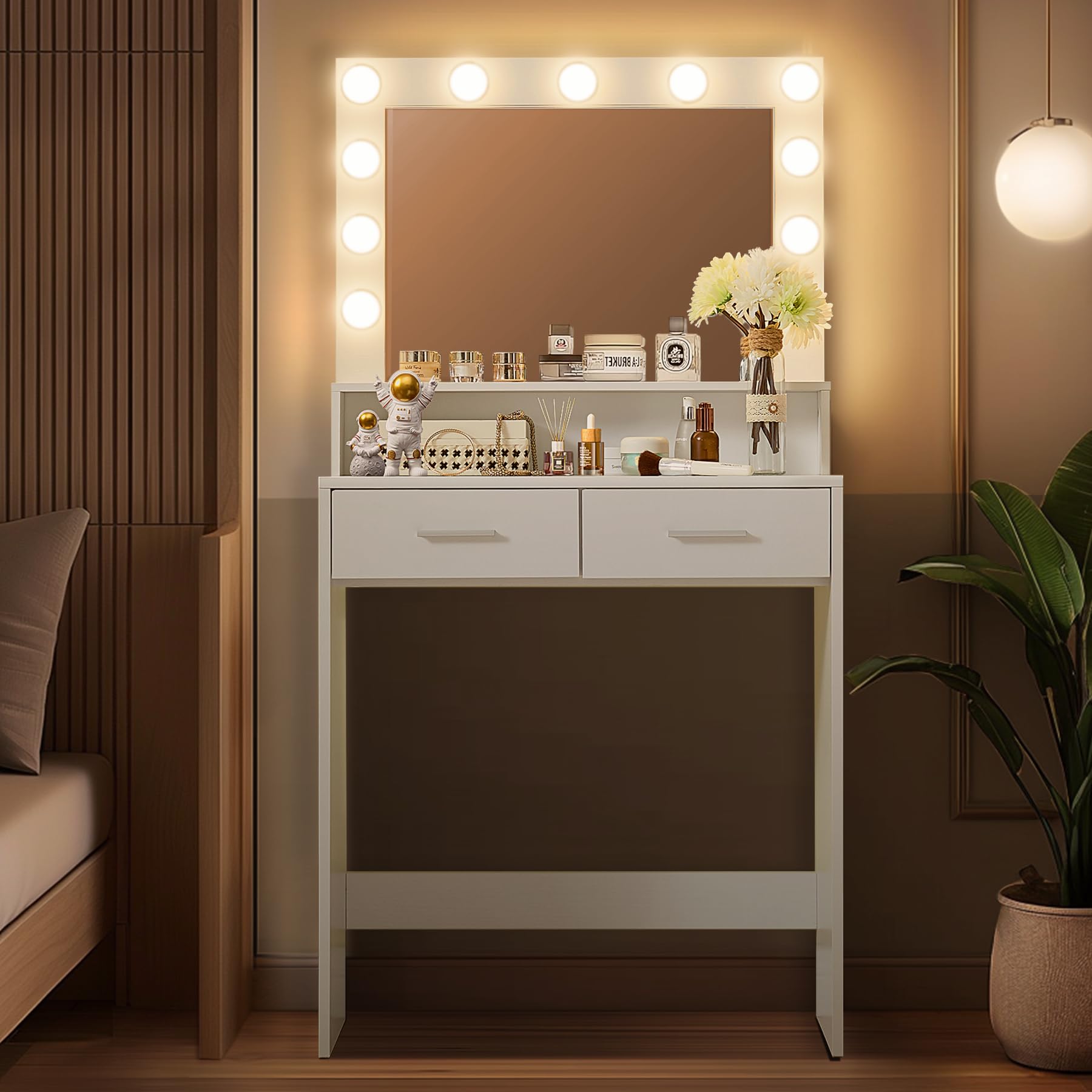 MIRROTOWEL Vanity Desk with Mirror and Lights, Dressing Table with Large Drawer, 2 Level Storage Dresser & 3 Lighting Modes Adjustable Brightness, Suitable for Bedroom