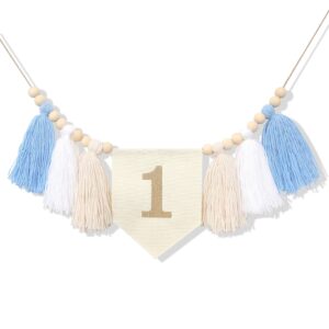 hgfc embroidery tassel high chair banner - wood bead tassel 1st birthday banner - sky theme first birthday party decoration - birthday baby boys tassel garland - birthday cake smash backdrop banner