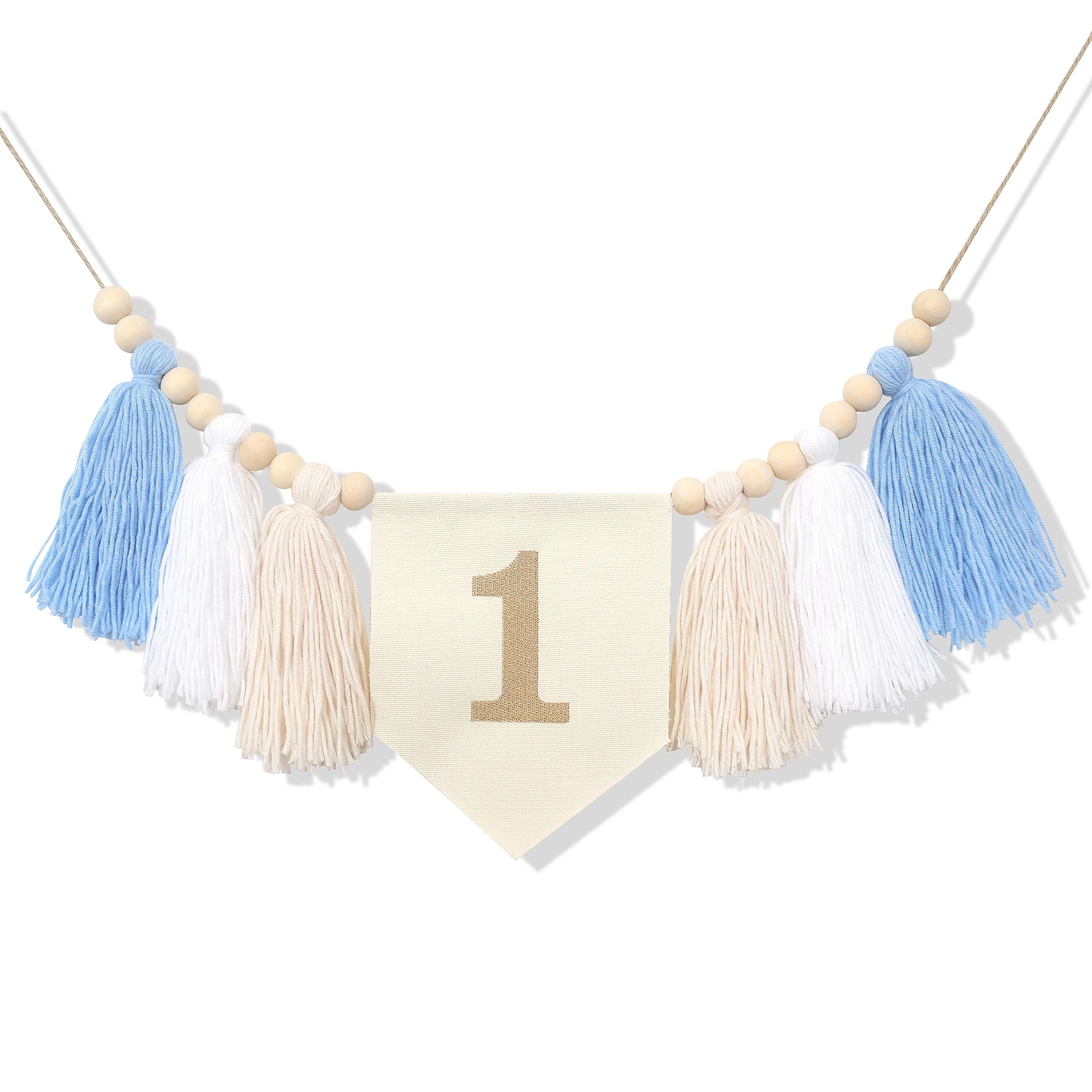 HGFC Embroidery Tassel High Chair Banner - Wood Bead Tassel 1st Birthday Banner - Sky Theme First Birthday Party Decoration - Birthday Baby Boys Tassel Garland - Birthday Cake Smash Backdrop Banner