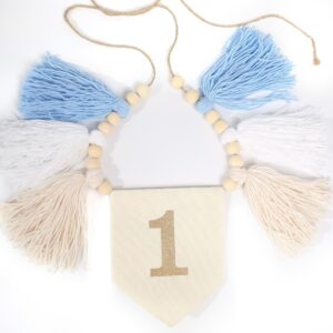 HGFC Embroidery Tassel High Chair Banner - Wood Bead Tassel 1st Birthday Banner - Sky Theme First Birthday Party Decoration - Birthday Baby Boys Tassel Garland - Birthday Cake Smash Backdrop Banner