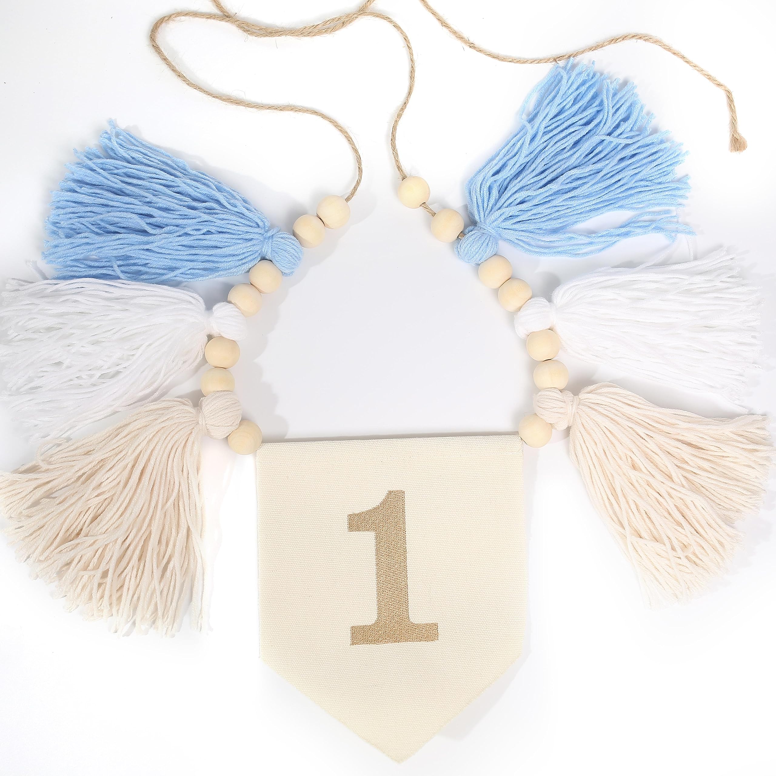 HGFC Embroidery Tassel High Chair Banner - Wood Bead Tassel 1st Birthday Banner - Sky Theme First Birthday Party Decoration - Birthday Baby Boys Tassel Garland - Birthday Cake Smash Backdrop Banner