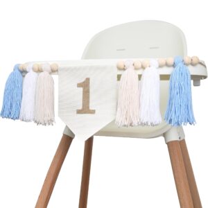 HGFC Embroidery Tassel High Chair Banner - Wood Bead Tassel 1st Birthday Banner - Sky Theme First Birthday Party Decoration - Birthday Baby Boys Tassel Garland - Birthday Cake Smash Backdrop Banner