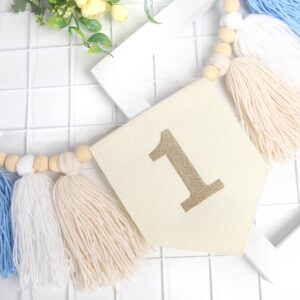 HGFC Embroidery Tassel High Chair Banner - Wood Bead Tassel 1st Birthday Banner - Sky Theme First Birthday Party Decoration - Birthday Baby Boys Tassel Garland - Birthday Cake Smash Backdrop Banner