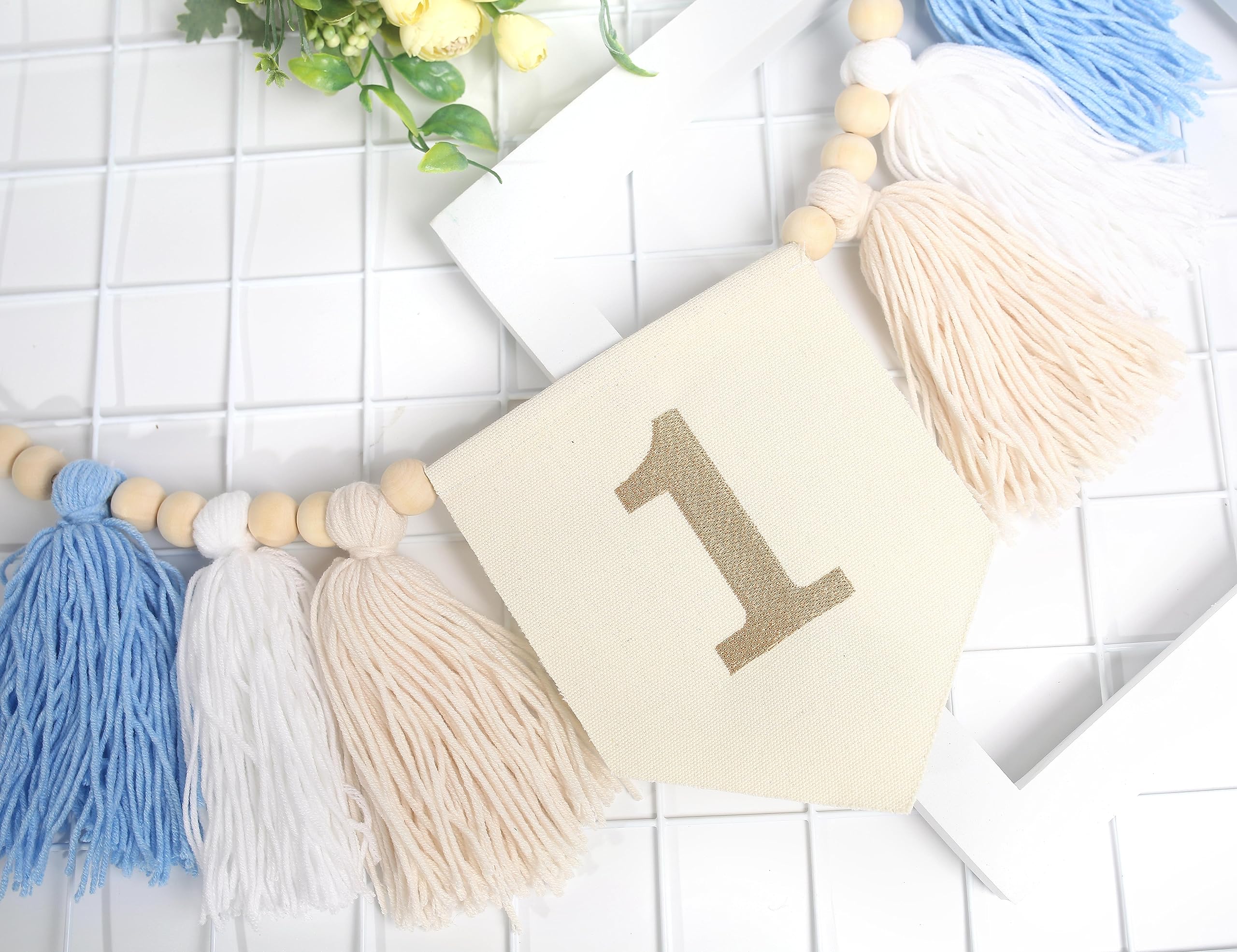 HGFC Embroidery Tassel High Chair Banner - Wood Bead Tassel 1st Birthday Banner - Sky Theme First Birthday Party Decoration - Birthday Baby Boys Tassel Garland - Birthday Cake Smash Backdrop Banner