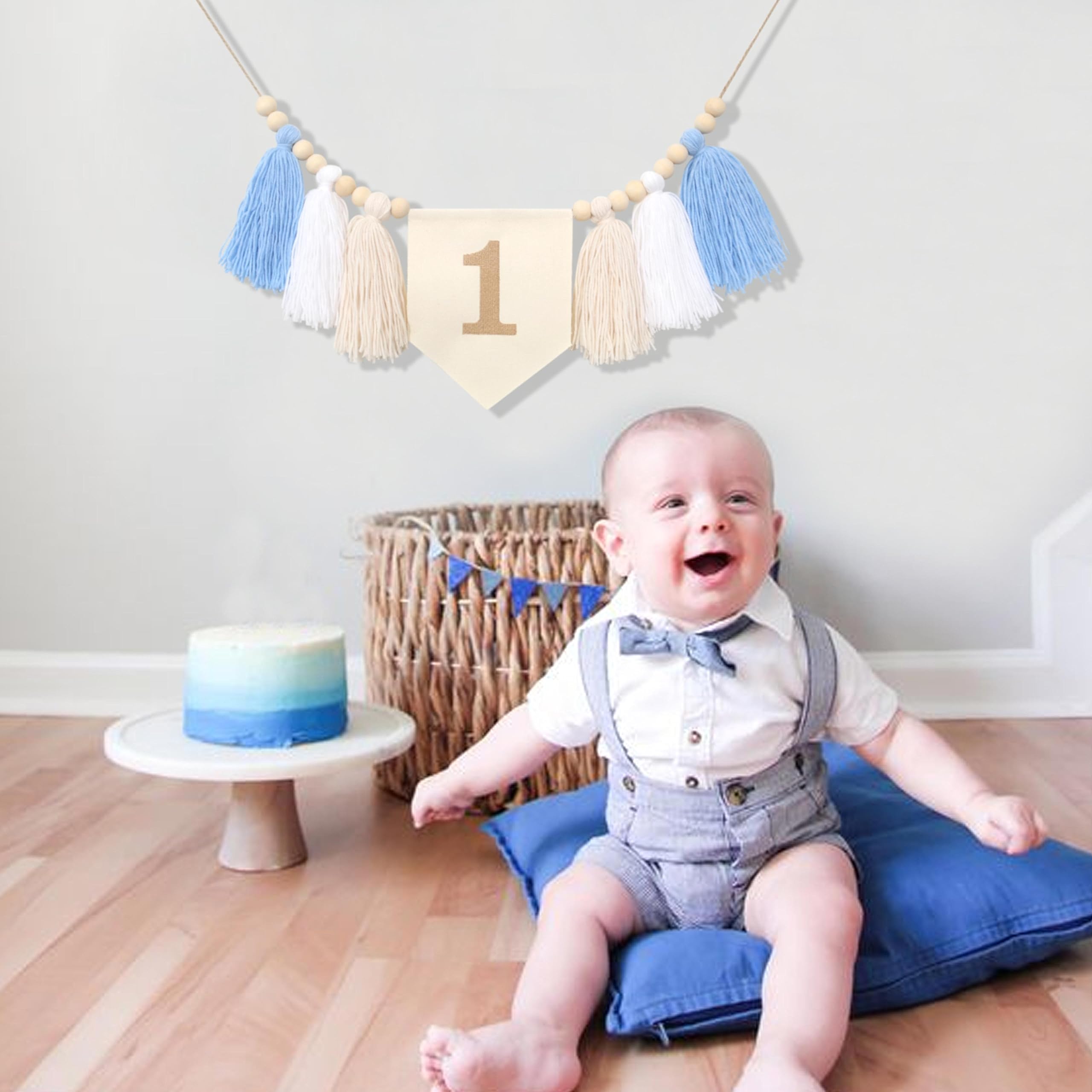 HGFC Embroidery Tassel High Chair Banner - Wood Bead Tassel 1st Birthday Banner - Sky Theme First Birthday Party Decoration - Birthday Baby Boys Tassel Garland - Birthday Cake Smash Backdrop Banner