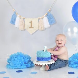 HGFC Embroidery Tassel High Chair Banner - Wood Bead Tassel 1st Birthday Banner - Sky Theme First Birthday Party Decoration - Birthday Baby Boys Tassel Garland - Birthday Cake Smash Backdrop Banner