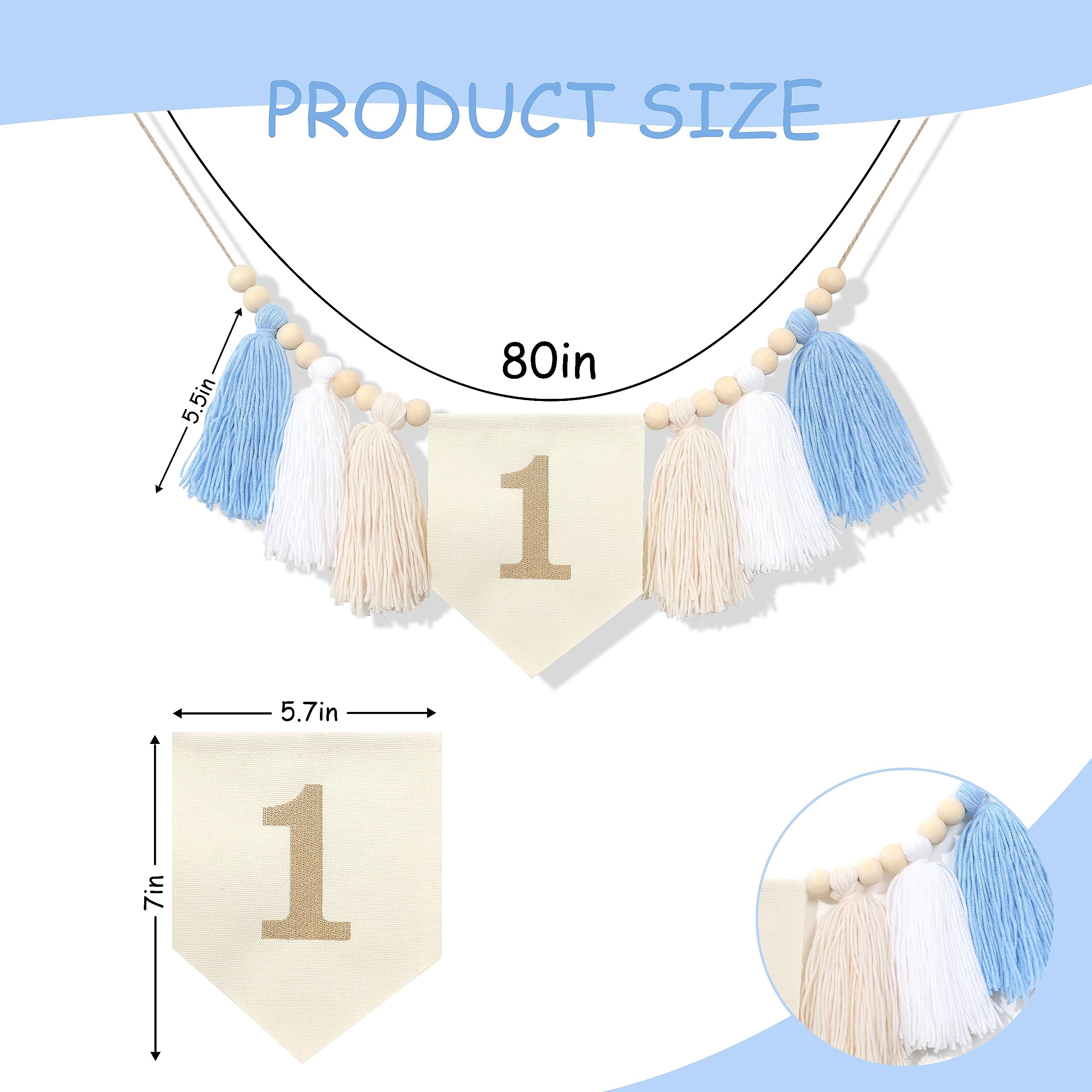 HGFC Embroidery Tassel High Chair Banner - Wood Bead Tassel 1st Birthday Banner - Sky Theme First Birthday Party Decoration - Birthday Baby Boys Tassel Garland - Birthday Cake Smash Backdrop Banner