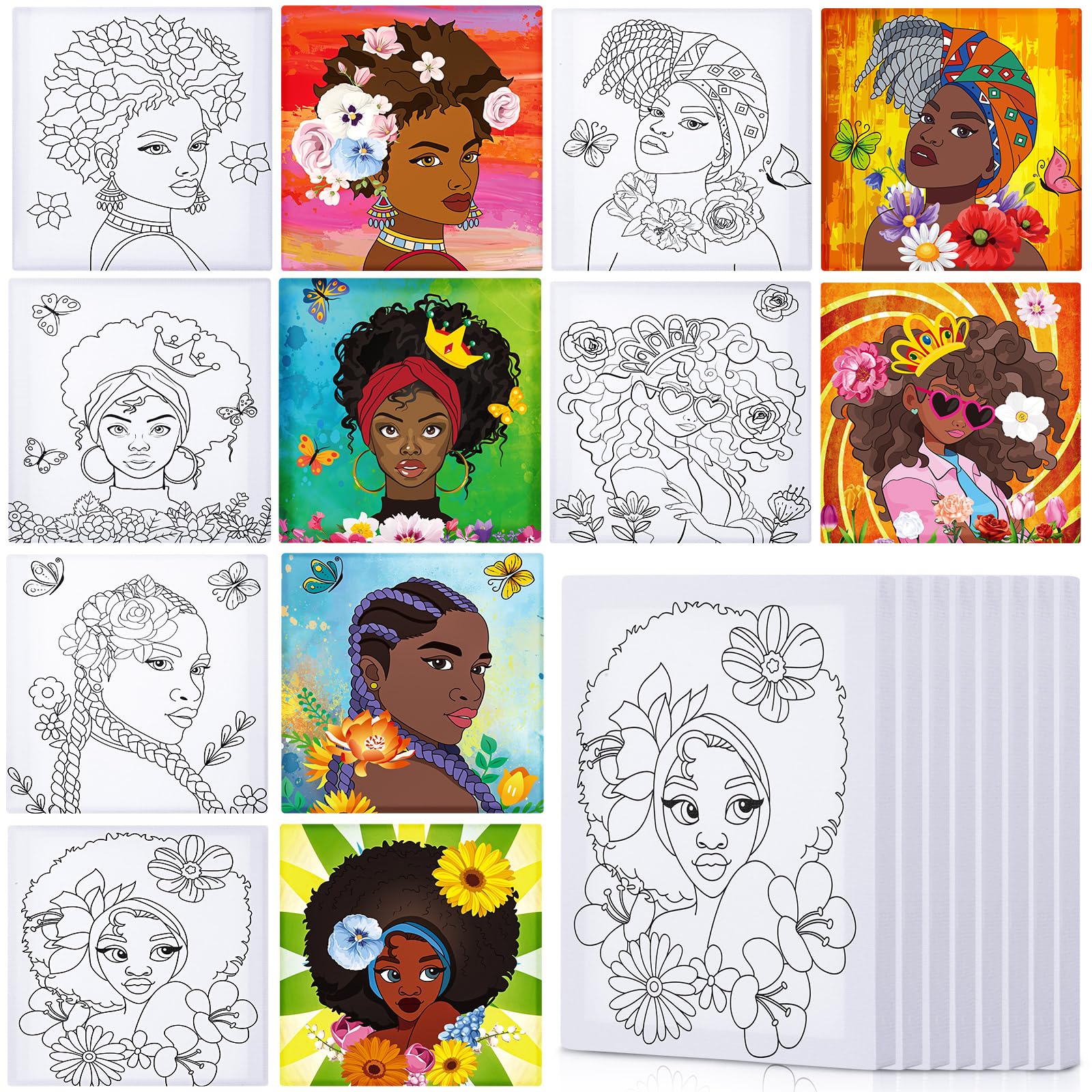 Meanpla 12 Pcs Back to School Pre Drawn Outline Canvas 4'' x 4'' Pre Drawn Stretched Canvas Painting Boards for Painting Art Party Favor for Student Kids First Day of School (African Queen Style)