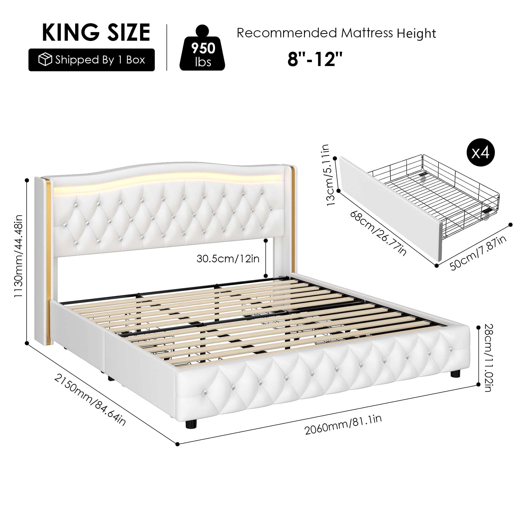 HIFIT King Smart LED Platform Bed Frame with 4 Storage Drawers, Crystal Button-Tufted & Stainless Gold Trim Wingback Headboard, Modern PU Upholstered White Bed Frame No Box Spring Needed/Easy Assembly