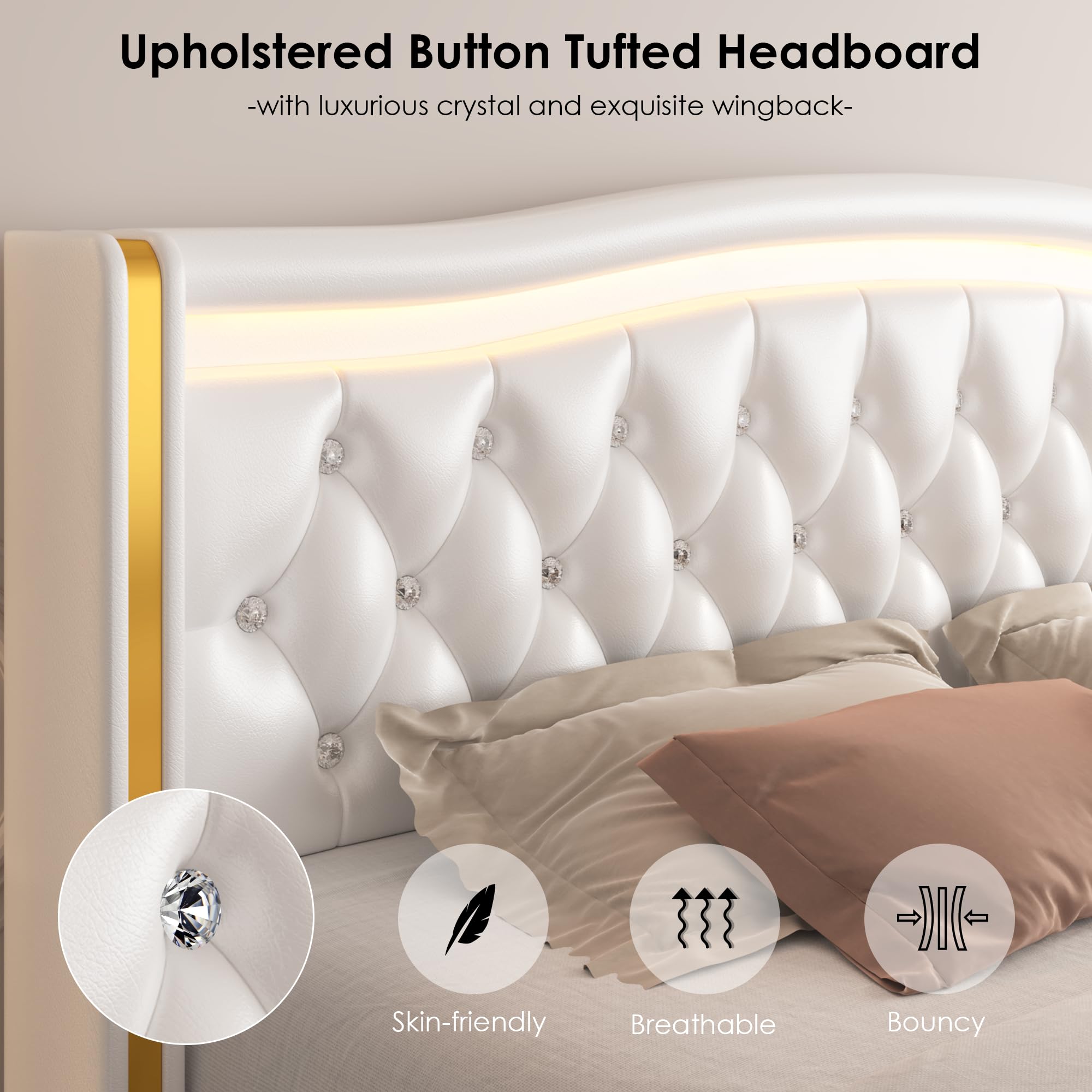 HIFIT King Smart LED Platform Bed Frame with 4 Storage Drawers, Crystal Button-Tufted & Stainless Gold Trim Wingback Headboard, Modern PU Upholstered White Bed Frame No Box Spring Needed/Easy Assembly