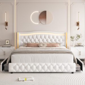 HIFIT King Smart LED Platform Bed Frame with 4 Storage Drawers, Crystal Button-Tufted & Stainless Gold Trim Wingback Headboard, Modern PU Upholstered White Bed Frame No Box Spring Needed/Easy Assembly