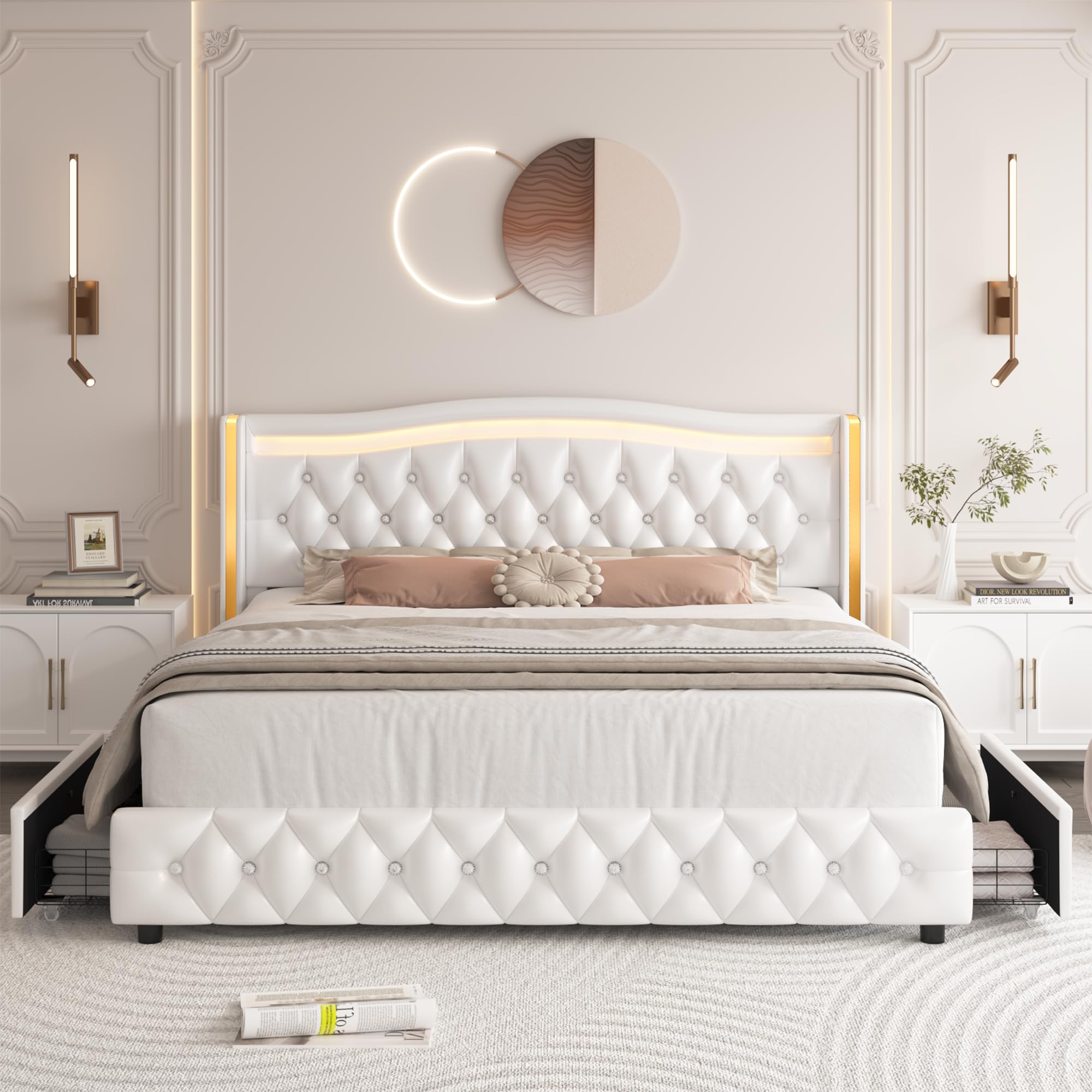 HIFIT King Smart LED Platform Bed Frame with 4 Storage Drawers, Crystal Button-Tufted & Stainless Gold Trim Wingback Headboard, Modern PU Upholstered White Bed Frame No Box Spring Needed/Easy Assembly