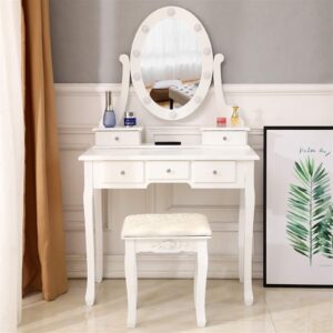 imgdd vanity desk with mirror and lights with light bulb，single mirror makeup vanity 5 drawer dressing table,vanity mirror with lights desk and chair makeup desk white