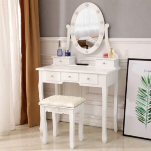 IMGDD Vanity Desk with Mirror and Lights with Light Bulb，Single Mirror Makeup Vanity 5 Drawer Dressing Table,Vanity Mirror with Lights Desk and Chair Makeup Desk White