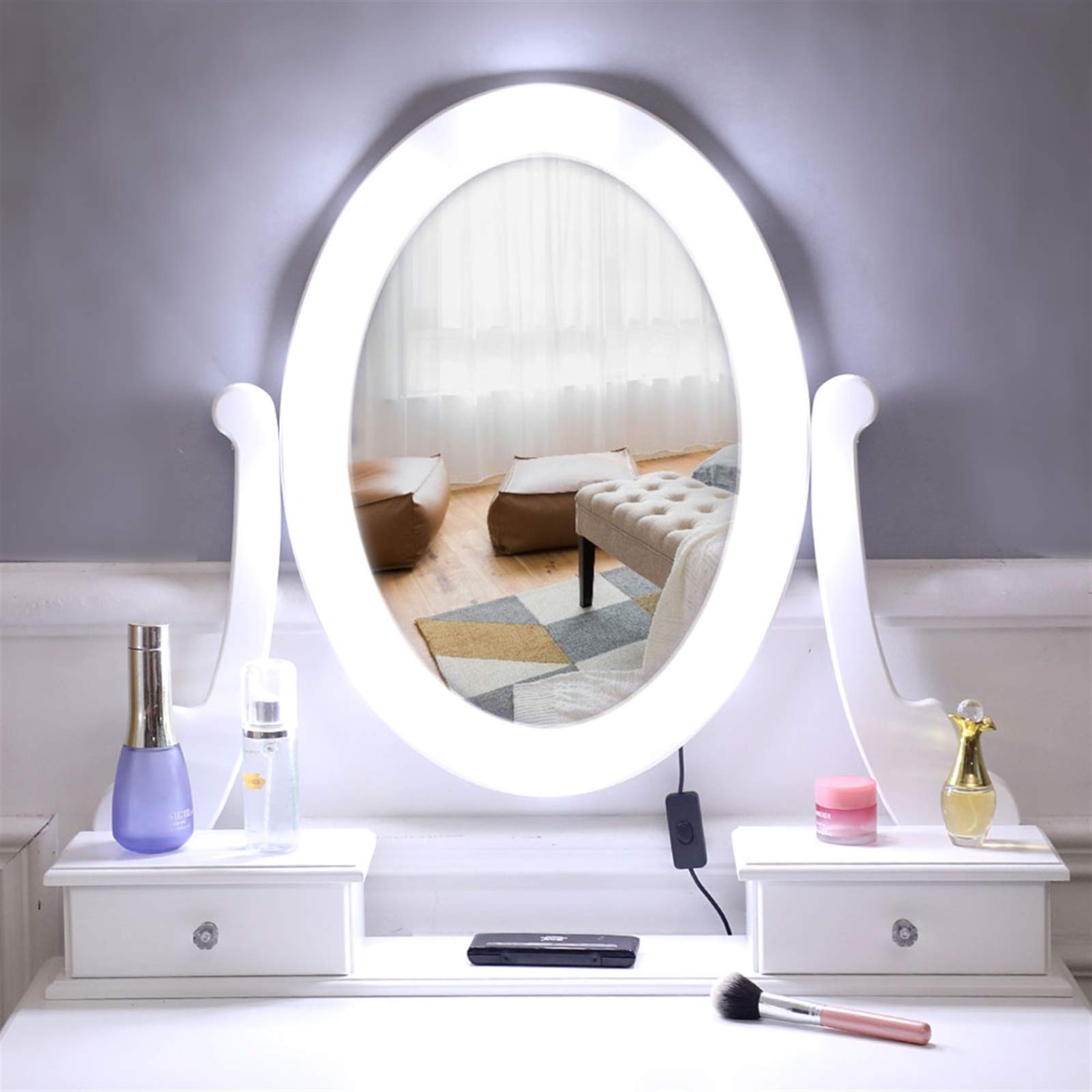 IMGDD Vanity Desk with Mirror and Lights with Light Bulb，Single Mirror Makeup Vanity 5 Drawer Dressing Table,Vanity Mirror with Lights Desk and Chair Makeup Desk White