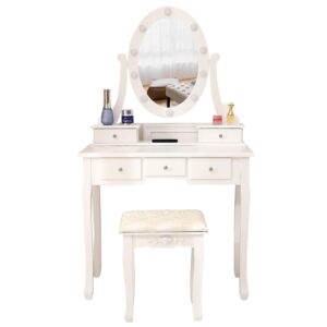 IMGDD Vanity Desk with Mirror and Lights with Light Bulb，Single Mirror Makeup Vanity 5 Drawer Dressing Table,Vanity Mirror with Lights Desk and Chair Makeup Desk White