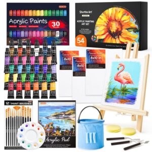 shuttle art 54 pack acrylic paint set, acrylic painting set with 30 colors acrylic paint, wooden easel, painting canvas, paint brushes, palette, art painting supplies for kids adults beginner artists