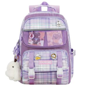 aomoon cute backpack for girls kawaii backpack functional bookbag plaid daypack aesthetic backpack for school with cute accessories (purple)