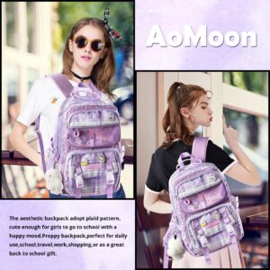 AoMoon Cute Backpack for Girls Kawaii Backpack Functional Bookbag Plaid Daypack Aesthetic Backpack for School with Cute Accessories (Purple)