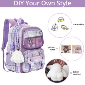 AoMoon Cute Backpack for Girls Kawaii Backpack Functional Bookbag Plaid Daypack Aesthetic Backpack for School with Cute Accessories (Purple)