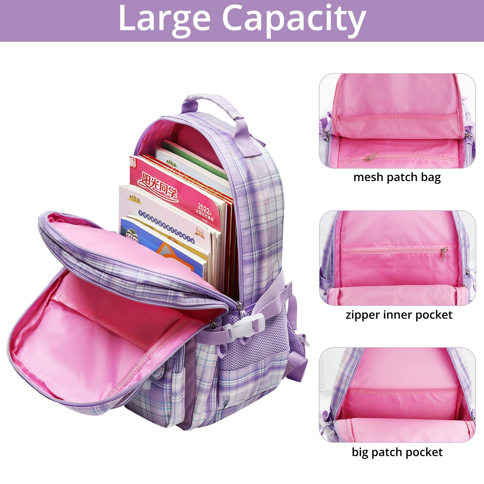 AoMoon Cute Backpack for Girls Kawaii Backpack Functional Bookbag Plaid Daypack Aesthetic Backpack for School with Cute Accessories (Purple)