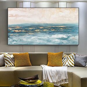 abstract gold leaf blue ocean oil painting on canvas large sea landscape artwork mininalist wall art living room decor 85x170cm/33x67inch with black framed ready to hang