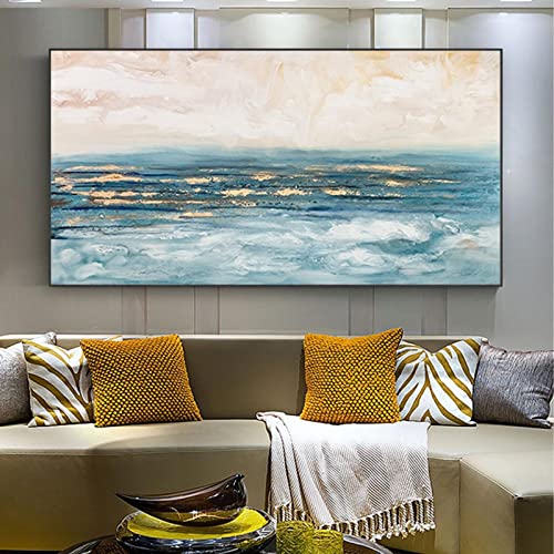 Abstract Gold Leaf Blue Ocean Oil Painting on Canvas Large Sea Landscape Artwork Mininalist Wall Art Living Room Decor 85x170cm/33x67inch With Black Framed Ready to Hang