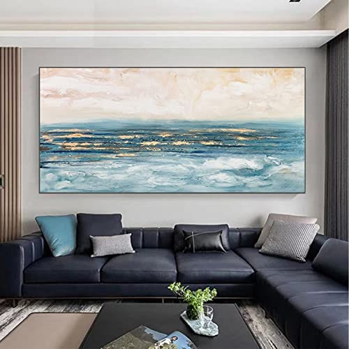 Abstract Gold Leaf Blue Ocean Oil Painting on Canvas Large Sea Landscape Artwork Mininalist Wall Art Living Room Decor 85x170cm/33x67inch With Black Framed Ready to Hang