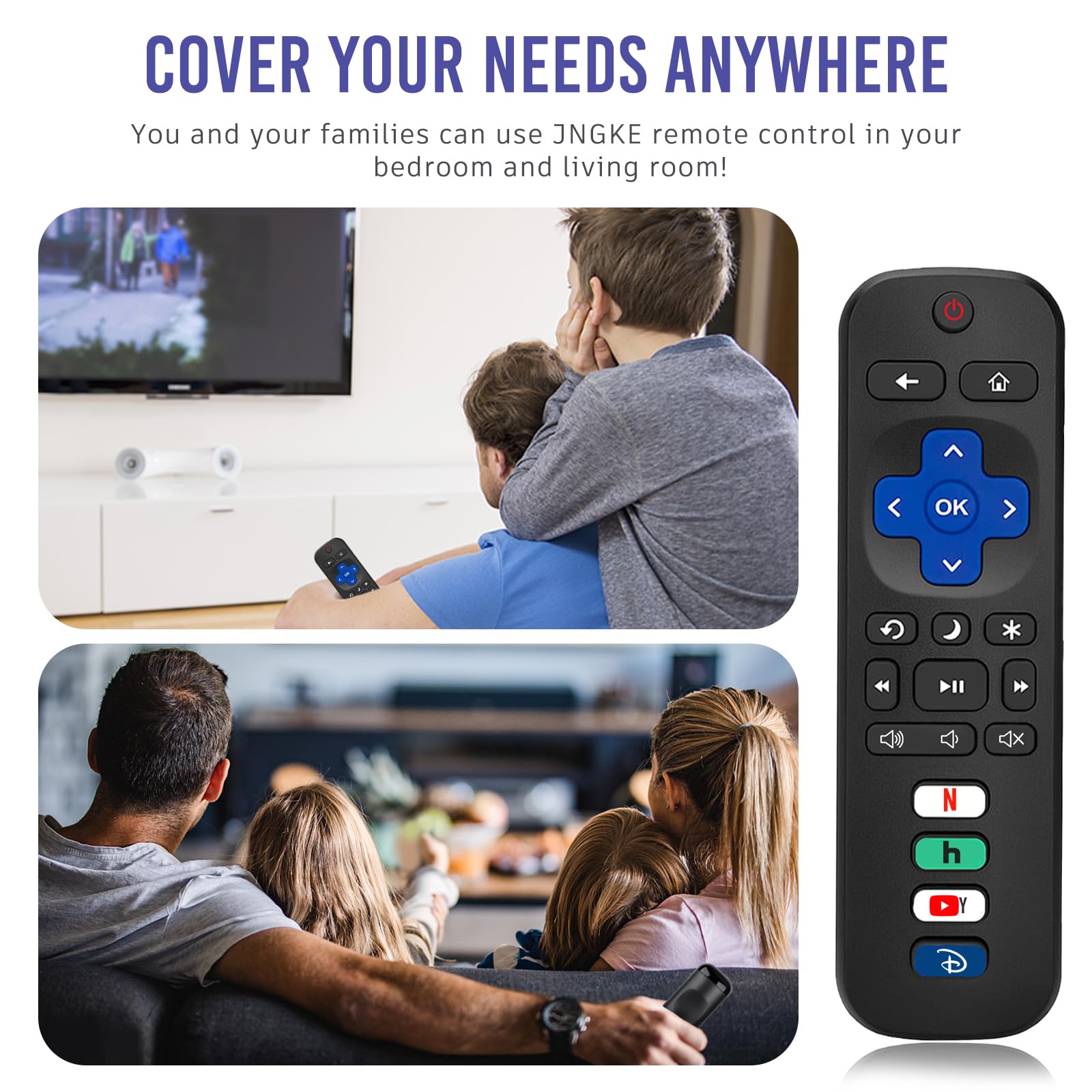 JNGKE Roku Replacement Remote Control Only for Roku TV, for TCL Roku/Hisense Roku/Onn Roku/RCA Roku/Sharp Roku ect, with Netx/Disn+/YouTub/Hu Buttons【Not for Roku Stick & Box & Player】