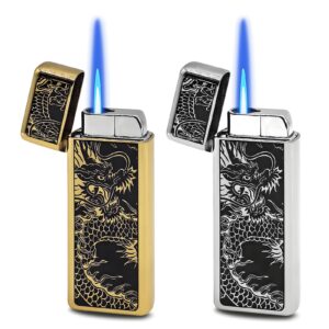 torch lighter, 2 pack jet flame dragon design butane lighters, refillable jet torch lighter with adjustment tool, portable adjustable jet flame lighter for indoor,outdoor,family use(without butane)