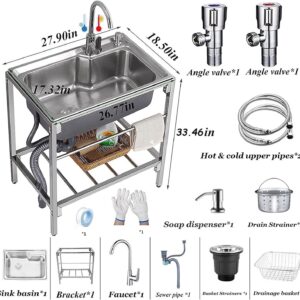 Freestanding Stainless Steel Sink,Outdoor Sink Commercial Restaurant Sink,Single Bowl Sink,Industrial Sink for Restaurant, Cafe, Bar, Hotel, Garage, Laundry Room,L26.7"x H33.46"xW17.3"