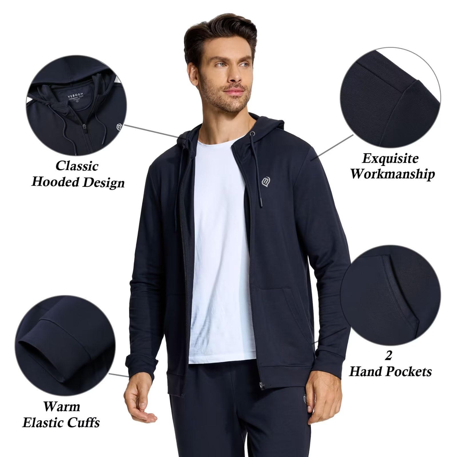 VEBOON Mens Lightweight Track Jackets Sports Runing Sweatshirts Fashion Full Zip Hoodies Gym Big and Tall Coat with Pocket Navy