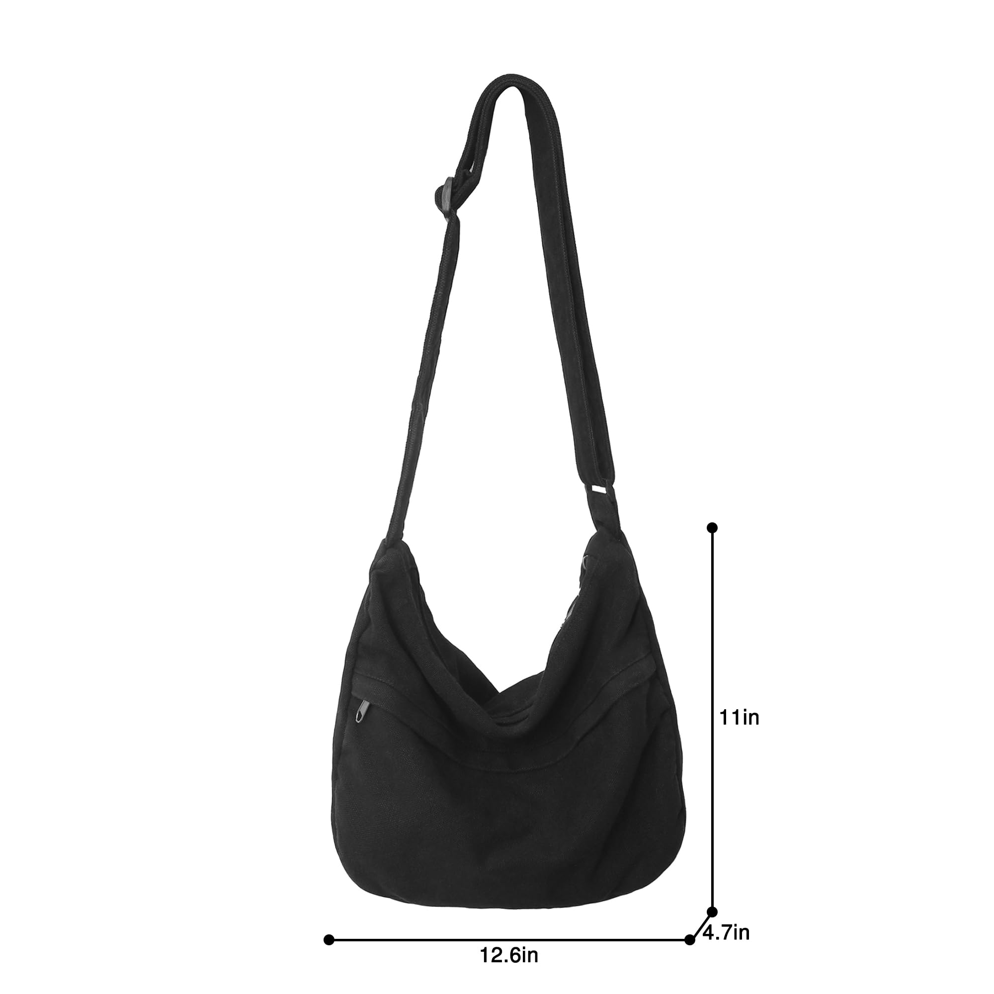 Canvas Messenger Bag Large Hobo Crossbody Bag with Zipper Casual Shoulder Tote Handbag for Women and Men (Black)