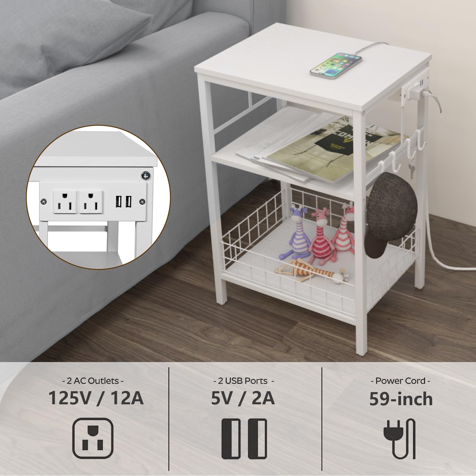 MOFAIN End Table with Charging Station and USB Ports, 3-Tier Table Shelf with Storage and Hooks, Side Table for Small Space in Living Room, Bedroom and Balcony (White,2)