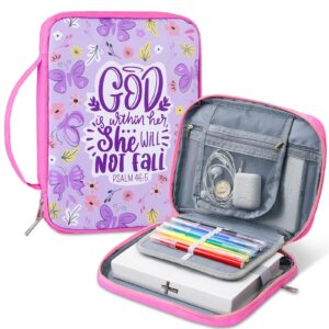 pink dino bible covers for women girls, large bible case with multiple zippered pocket bible carrying bag with removable pen slots for bible study,purple