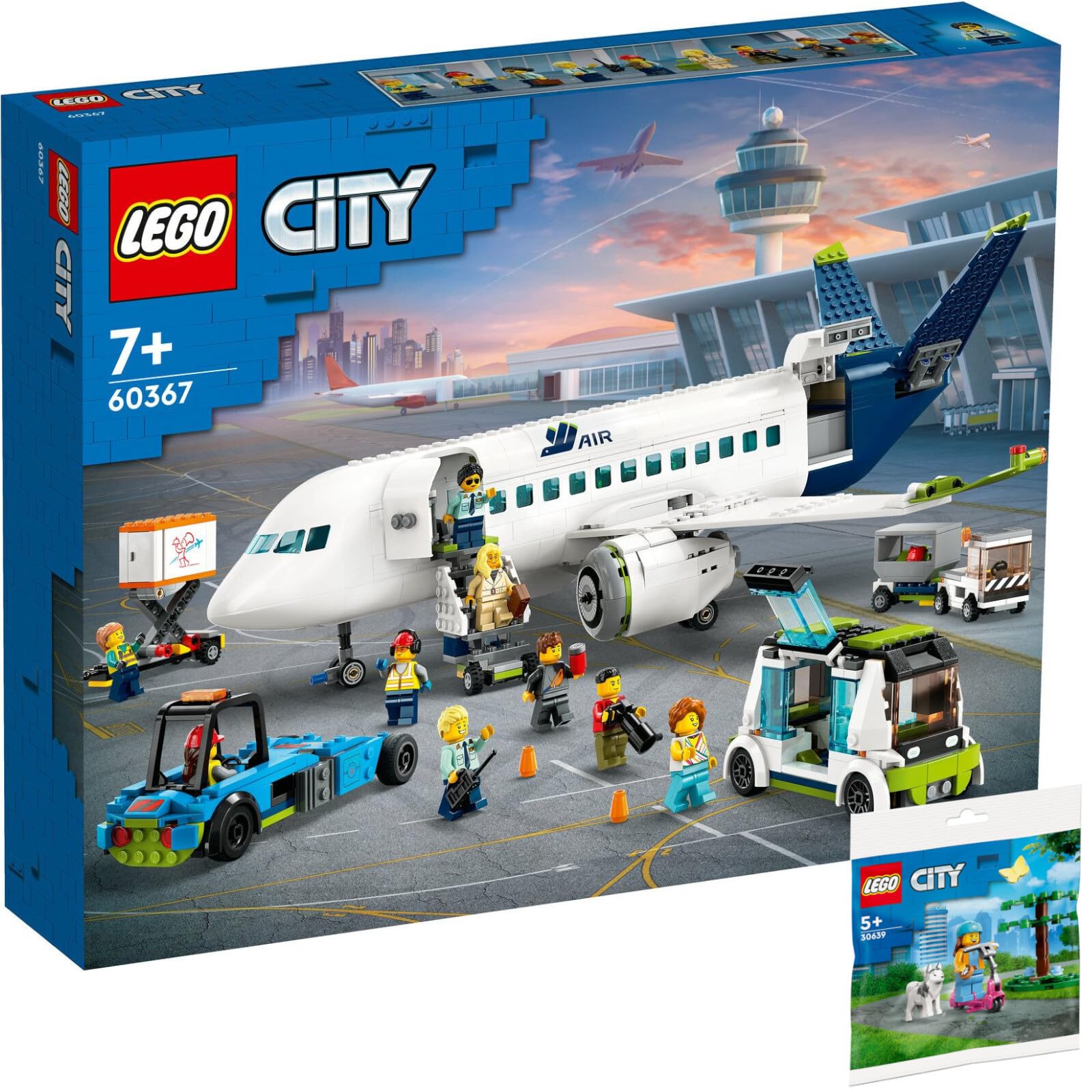 BRICKCOMPLETE Lego City 60367 Passenger Plane & 30639 Dog Park and Scooter Set of 2