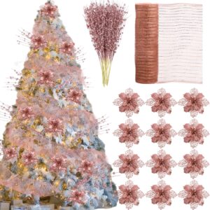 lyrow 37 pcs rose gold christmas glitter poinsettia artificial berry stem 10" 30 ft deco mesh ribbon set, include 24 christmas flower with stem, 12 christmas tree pick 17" and metallic mesh ribbon