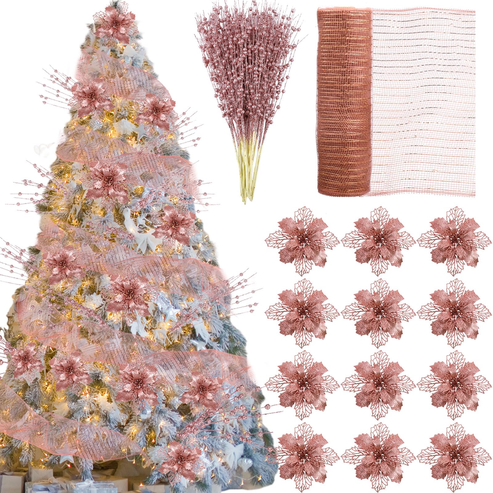 Lyrow 37 Pcs Rose Gold Christmas Glitter Poinsettia Artificial Berry Stem 10" 30 ft Deco Mesh Ribbon Set, Include 24 Christmas Flower with Stem, 12 Christmas Tree Pick 17" and Metallic Mesh Ribbon