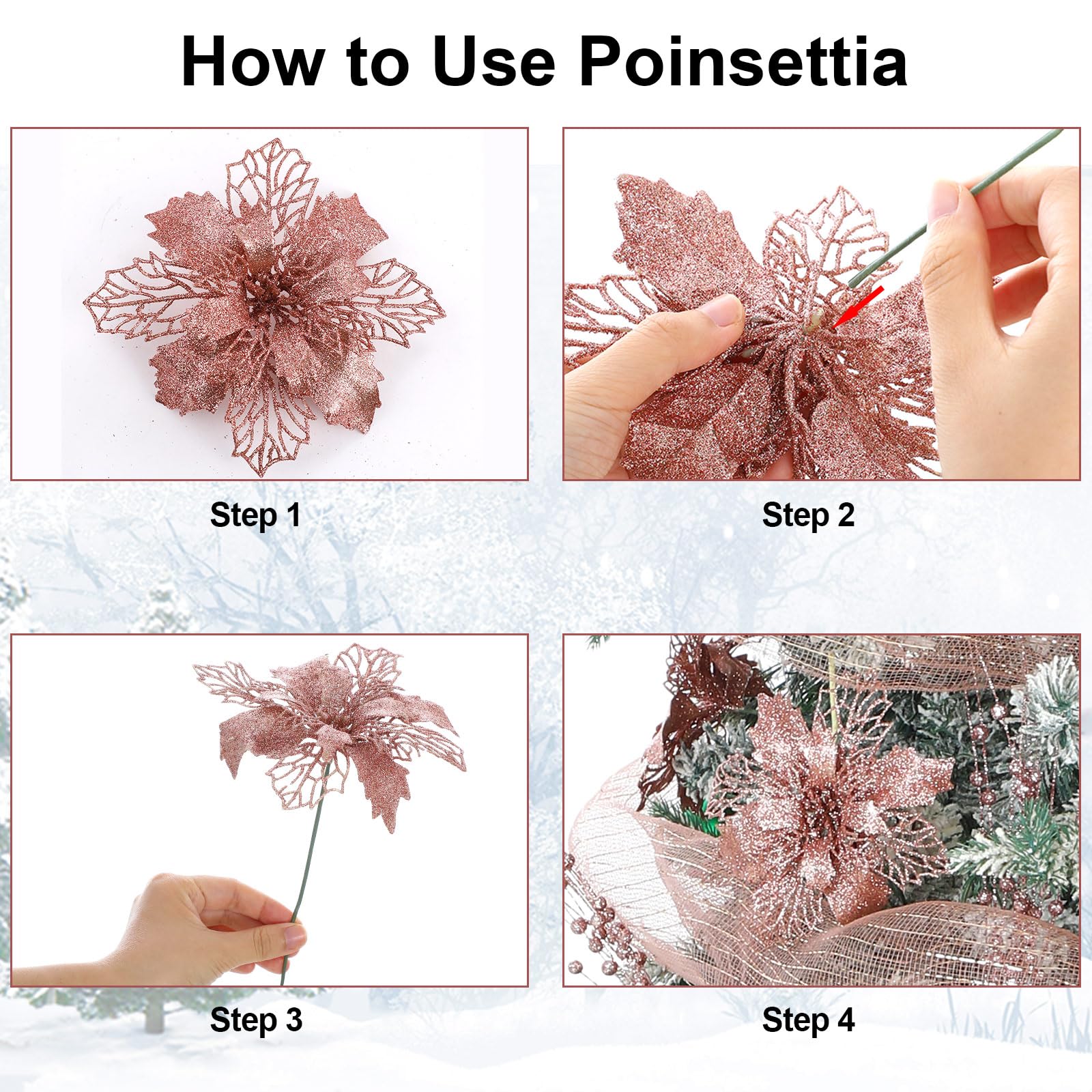 Lyrow 37 Pcs Rose Gold Christmas Glitter Poinsettia Artificial Berry Stem 10" 30 ft Deco Mesh Ribbon Set, Include 24 Christmas Flower with Stem, 12 Christmas Tree Pick 17" and Metallic Mesh Ribbon